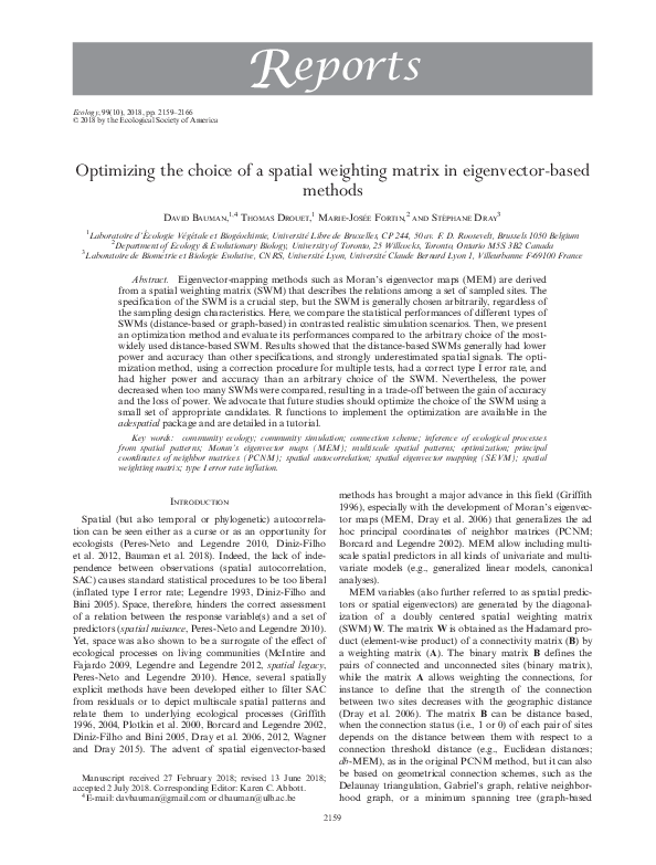 Pdf Optimizing The Choice Of A Spatial Weighting Matrix In Eigenvector Based Methods