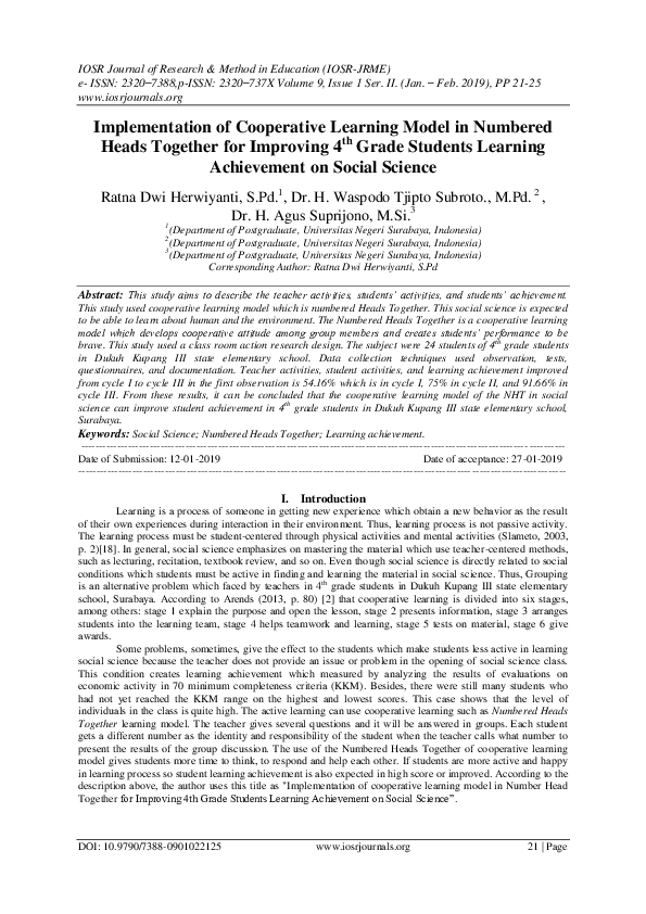 (PDF) Implementation of Cooperative Learning Model in Numbered Heads Together for Improving 4th ...