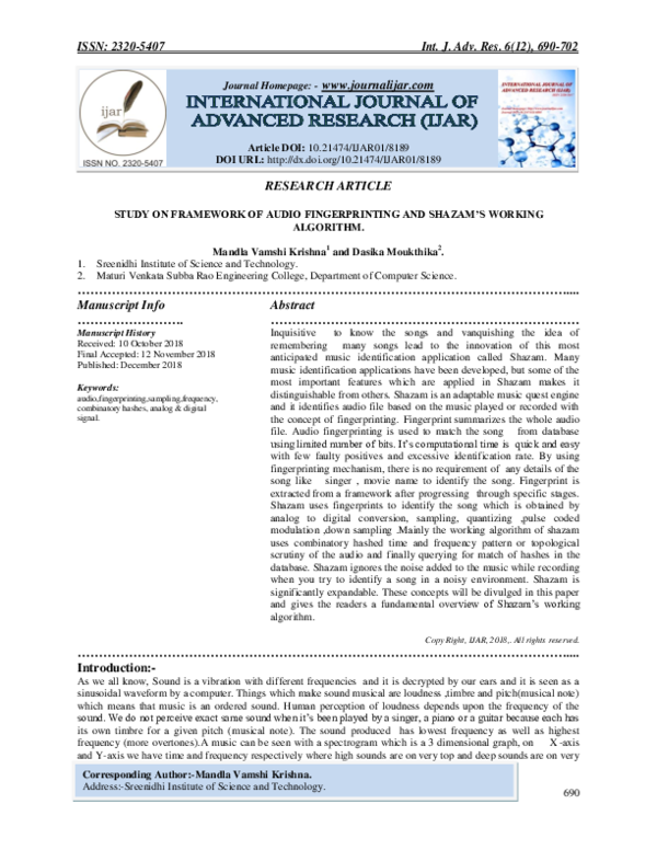 (PDF) STUDY ON FRAMEWORK OF AUDIO FINGERPRINTING AND SHAZAM?S WORKING ALGORITHM.