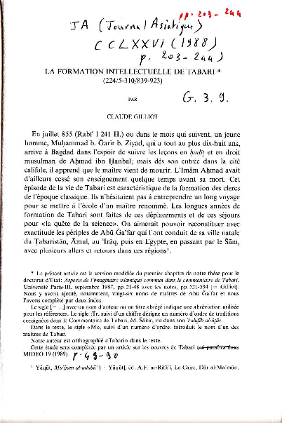 (PDF) Gilliot « La formation intellectuelle de Tabari », JA CCLXXVI ...