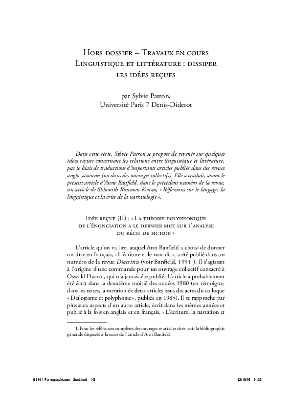 (PDF) Ann Banfield, « L’écriture et le non-dit », traduit de l’anglais ...
