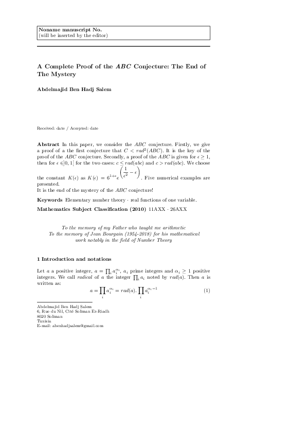 (PDF) A Complete Proof of the abc Conjecture: The End of The Mystery
