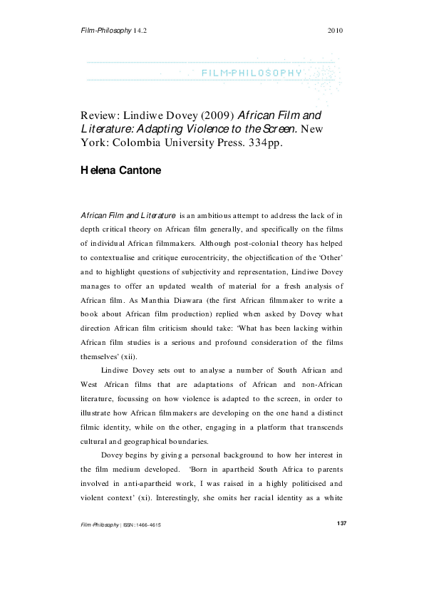 (PDF) Lindiwe Dovey (2009) African Film and Literature: Adapting ...
