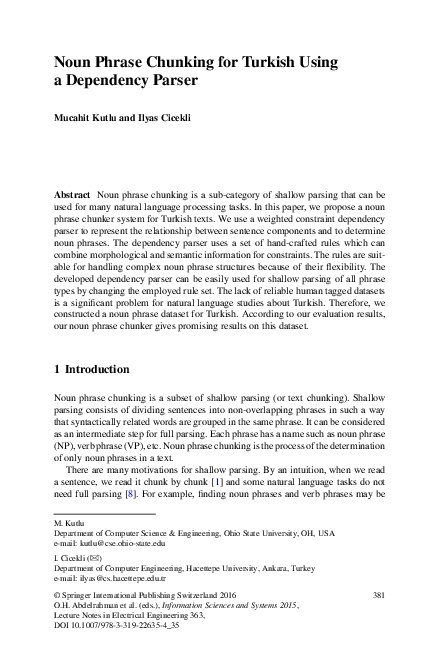 Pdf Noun Phrase Chunking For Turkish Using A Dependency Parser Mucahid Kutlu 