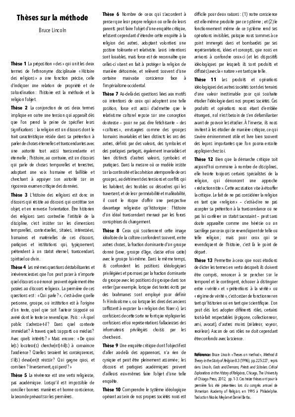 (PDF) Bruce Lincoln, "Thèses sur la méthode" (traduction Daniel Barbu et Nicolas Meylan)