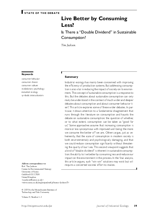 (PDF) Live Better by Consuming Less?: Is There a “Double Dividend” in ...