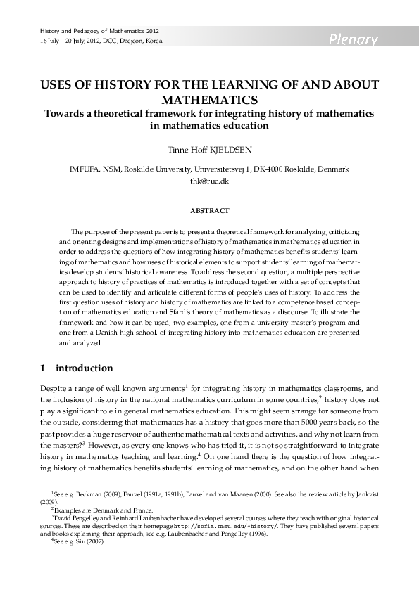 (PDF) Uses of History for the Learning of and about Mathematics ...