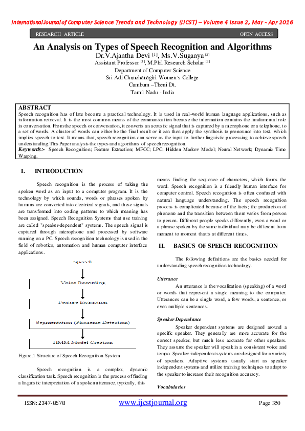 (PDF) I JCS T_V4_I2_An_Analysis_on_Types_of_Speech_Recogniti.pdf | Ajantha devi - Academia.edu