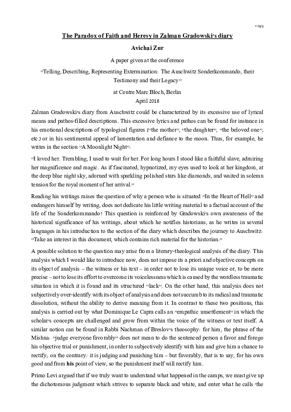 (PDF) The Paradox of Faith and Heresy in Zalman Gradowski's diary