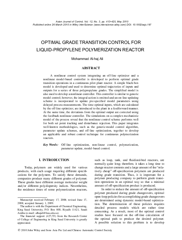 (PDF) Optimal grade transition control for liquid-propylene polymerization reactor