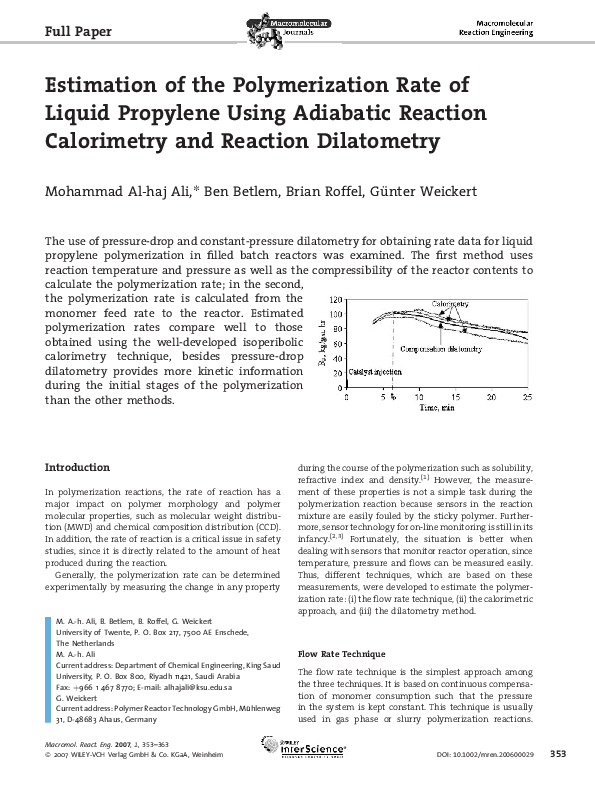 (PDF) Estimation of the Polymerization Rate of Liquid Propylene Using Adiabatic Reaction ...