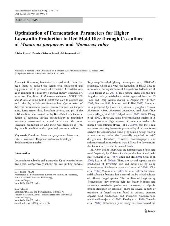 (PDF) Optimization of Fermentation Parameters for Higher Lovastatin ...