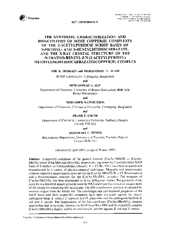 (PDF) The synthesis, characterization and bioactivities of some copper(II) complexes of the 2 ...