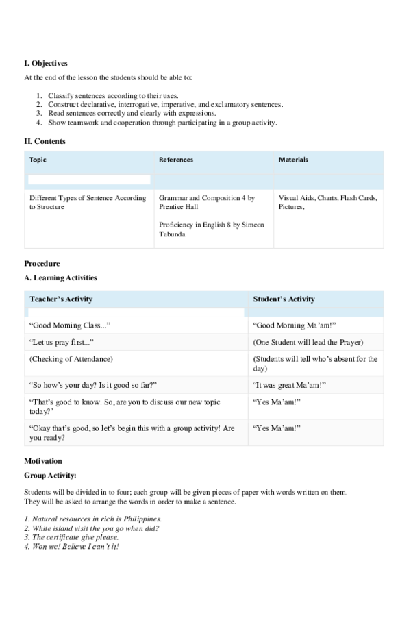 (DOC) Lesson plan 4 kinds of sentences accdg. to functiondocx