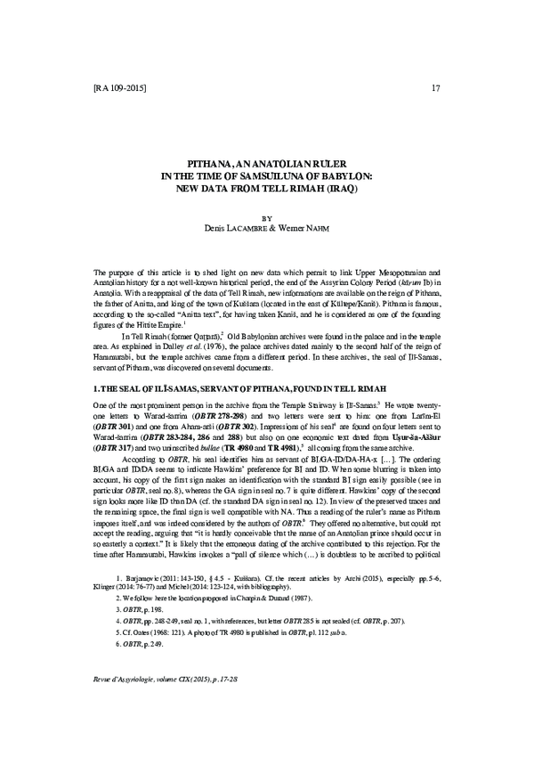 (PDF) Pithana, an Anatolian ruler in the time of Samsuiluna of Babylon ...