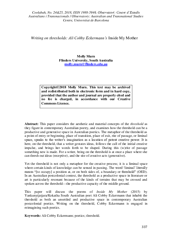 (PDF) Writing On Thresholds: Ali Cobby Eckermann's Inside My Mother