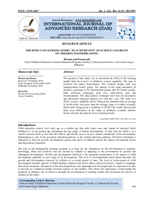 (PDF) THE EFFECT OF LEARNING MODEL ?PLAN DO REVIEW? ON SCIENCE ...