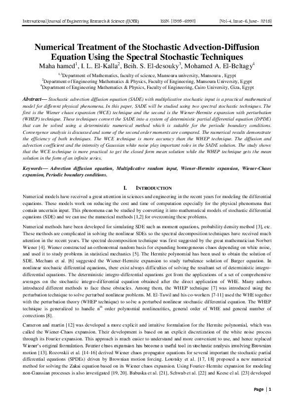 Pdf Numerical Treatment Of The Stochastic Advection Diffusion Equation Using The Spectral