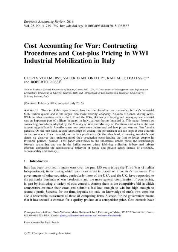 (PDF) Cost Accounting for War Contracting Procedures and Cost plus ...