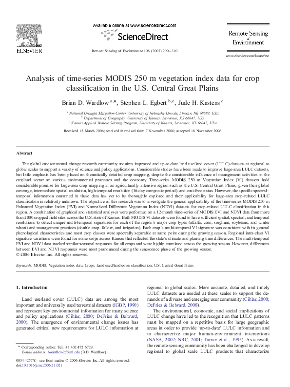 Pdf Analysis Of Time Series Modis 250 M Vegetation Index Data For Crop Classification In The