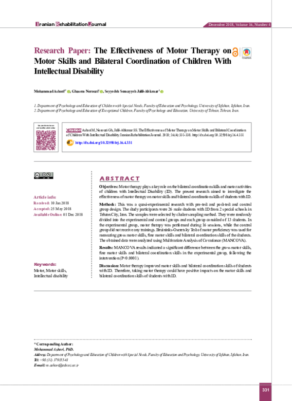 (PDF) Research Paper: The Effectiveness of Motor Therapy on Motor ...