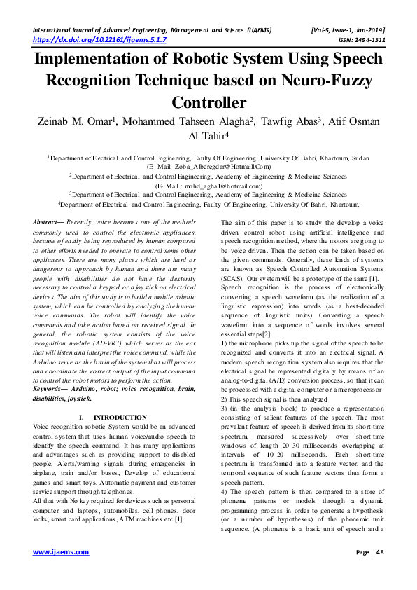 (PDF) Implementation of Robotic System Using Speech Recognition Technique based on Neuro-Fuzzy ...