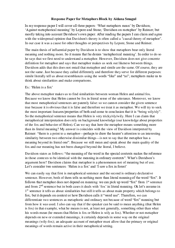 (DOC) Reflection on What Metaphors mean by Davidson.docx