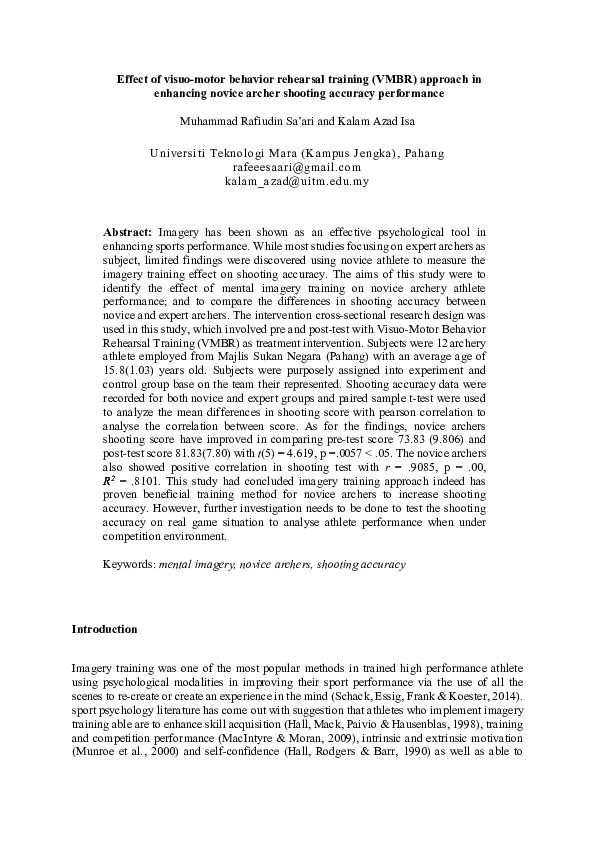 Pdf Effect Of Visuo Motor Behavior Rehearsal Training Vmbr Approach In Enhancing Novice