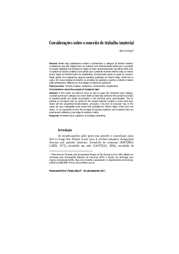 (PDF) Considerações sobre o conceito de trabalho imaterial