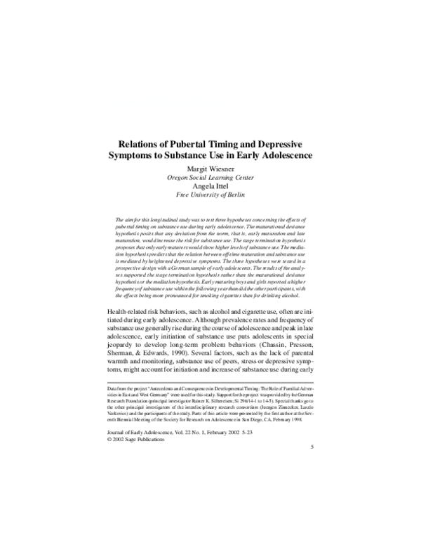 Pdf Relations Of Pubertal Timing And Depressive Symptoms To Substance