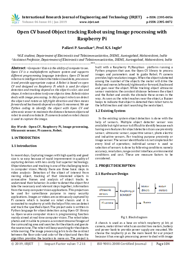 Pdf Irjet Open Cv Based Object Tracking Robot Using Image Processing With Raspberry Pi