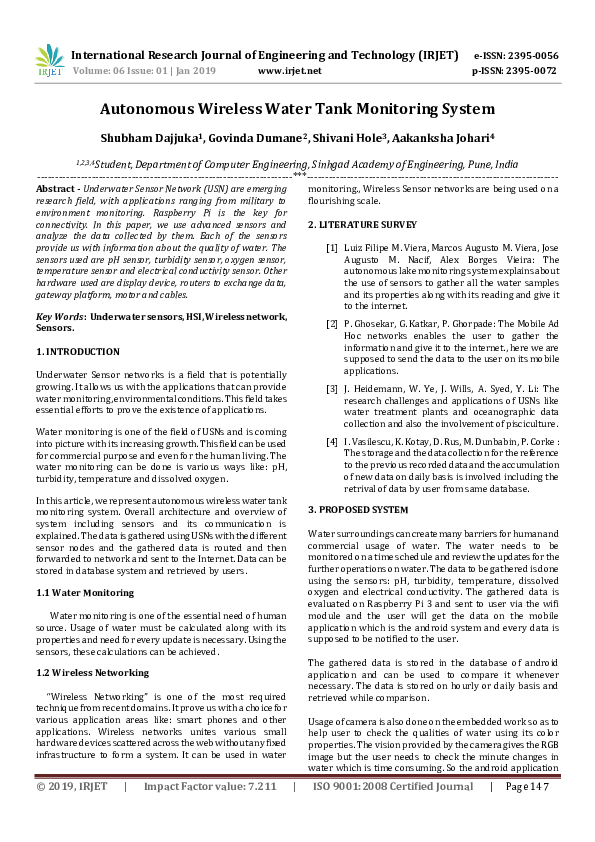 (PDF) IRJET-Autonomous Wireless Water Tank Monitoring System