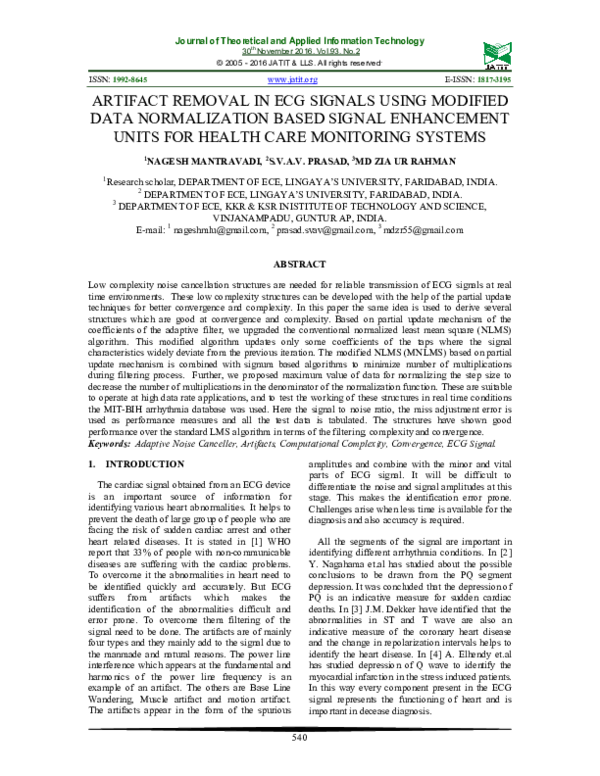 Pdf Artifact Removal In Ecg Signals Using Modified Data Normalization Based Signal Enhancement