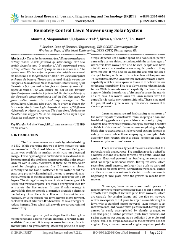 (PDF) IRJET-Remotely Control Lawn Mower using Solar System