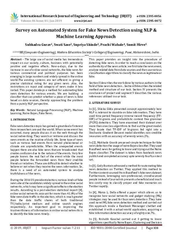 (PDF) IRJET-Survey on Automated System for Fake News Detection using NLP & Machine Learning Approach