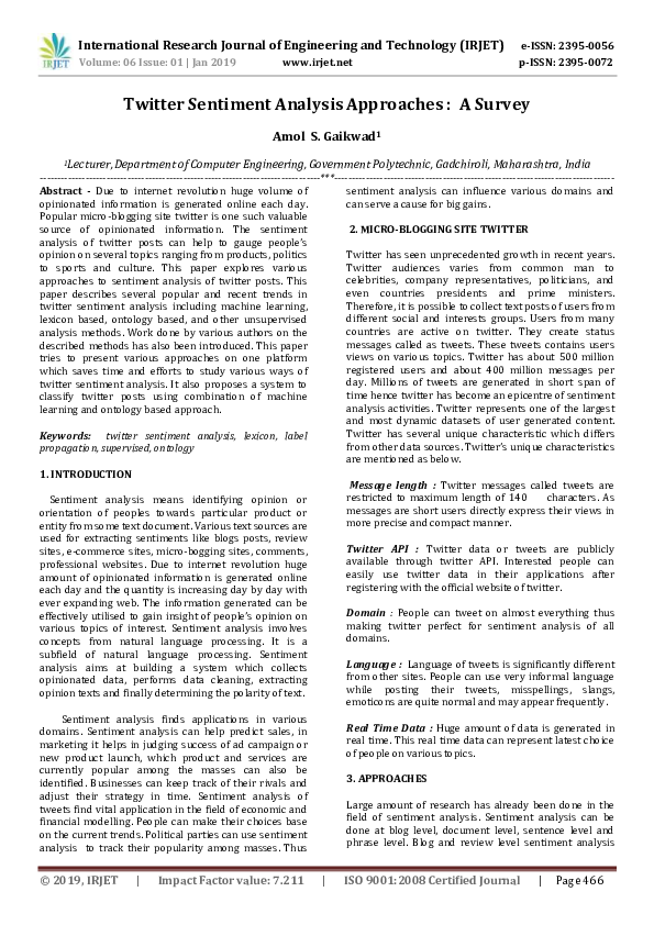 Pdf Irjet Twitter Sentiment Analysis Approaches A Survey