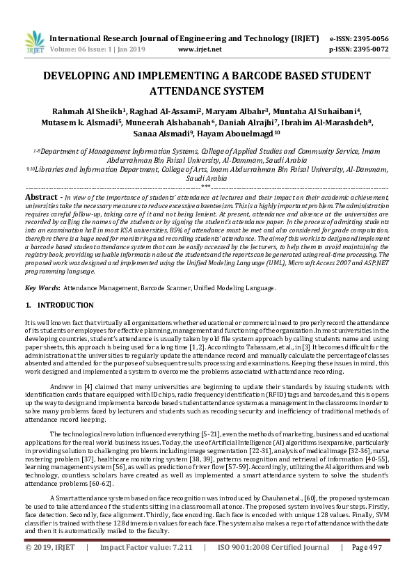 (PDF) IRJET-Developing and Implementing a Barcode based Student ...