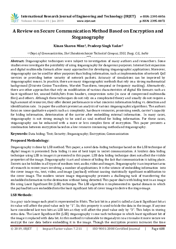 (PDF) IRJET-A Review on Secure Communication Method based on Encryption and Steganography