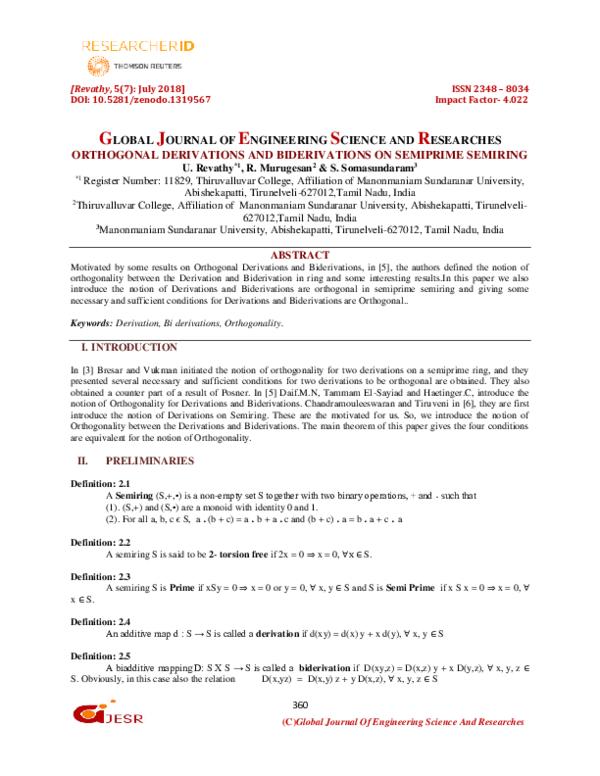 (DOC) Orthogonal Derivations and Biderivations on Semiprime Semiring