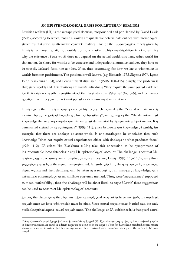 (DOC) AN EPISTEMOLOGICAL BASIS FOR LEWISIAN REALISM.docx