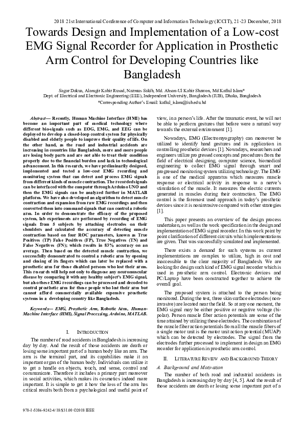 Pdf Towards Design And Implementation Of A Low Cost Emg Signal Recorder For Application In