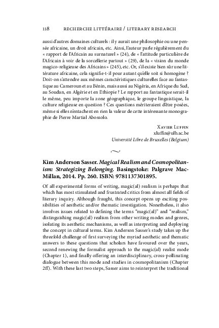 (PDF) Kim Anderson Sasser. Magical Realism and Cosmopolitanism ...
