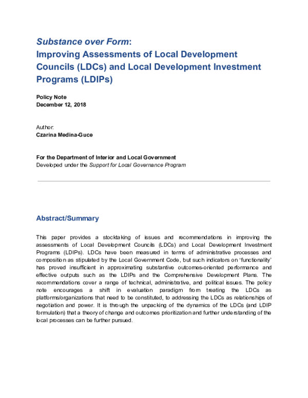 (PDF) Policy Note - Improving Assessments of Local Development Councils ...