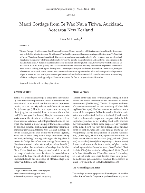 (PDF) Māori Cordage from Te Wao Nui a Tiriwa, Auckland.pdf
