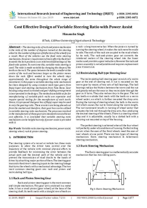 (PDF) IRJET-Cost Effective Design of Variable Steering Ratio with Power ...