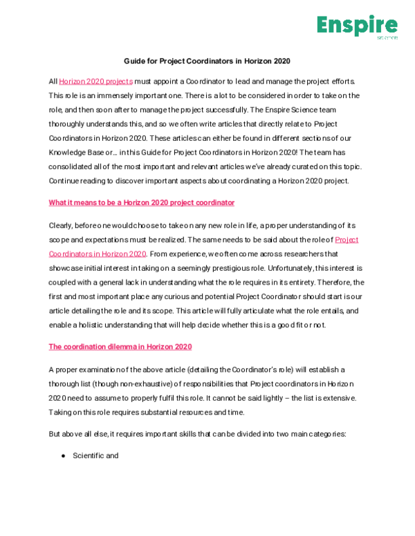 (PDF) Guide for Project Coordinators in Horizon 2020