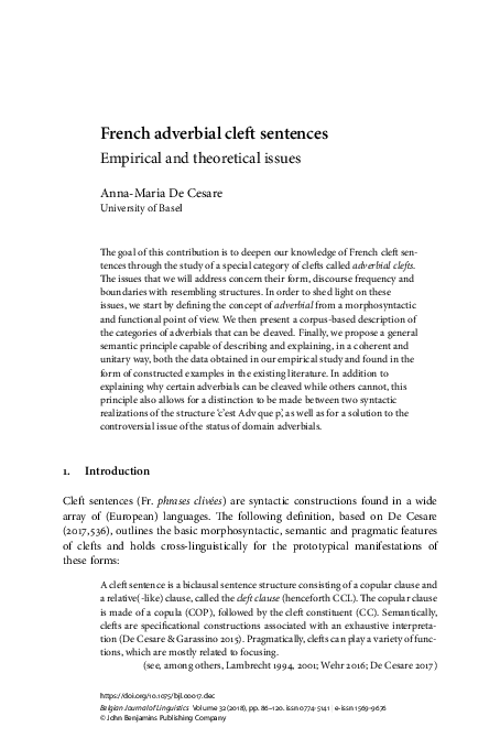 (PDF) French Adverbial Cleft Sentences. Empirical and theoretical issues