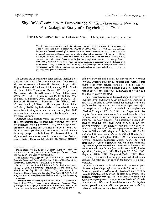 (PDF) Shy–Bold Continuum in Pumpkinseed Sunfish (Lepomis gibbosus ): An ...