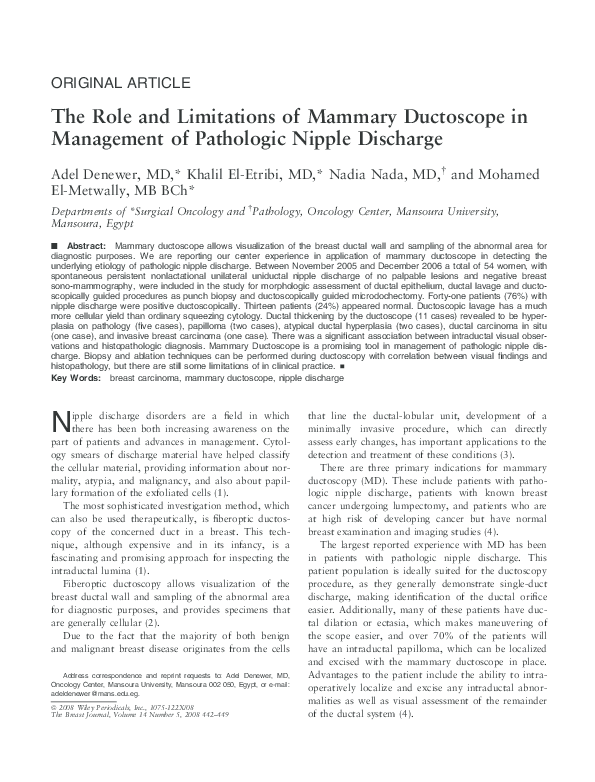 (PDF) The Role and Limitations of Mammary Ductoscope in Management of ...
