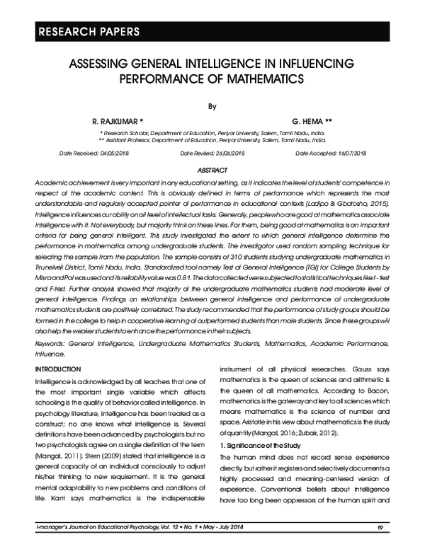 (PDF) ASSESSING GENERAL INTELLIGENCE IN INFLUENCING PERFORMANCE OF ...